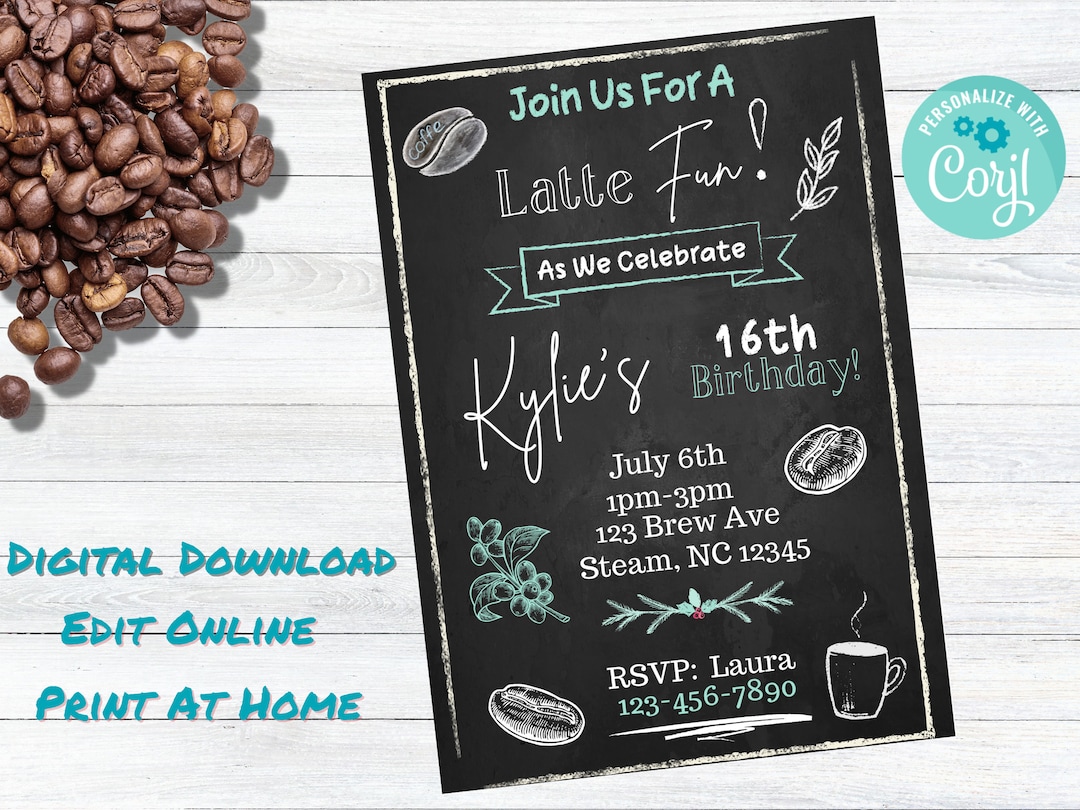 Coffee Birthday Invitation DOWNLOAD, Coffee Party Invitation, Latte ...