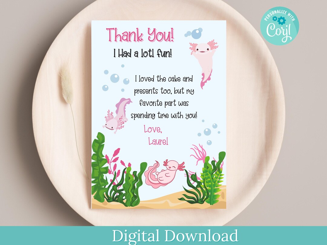 Axolotl Birthday Thank You DOWNLOAD, Ocean Party Thank You, Underwater ...