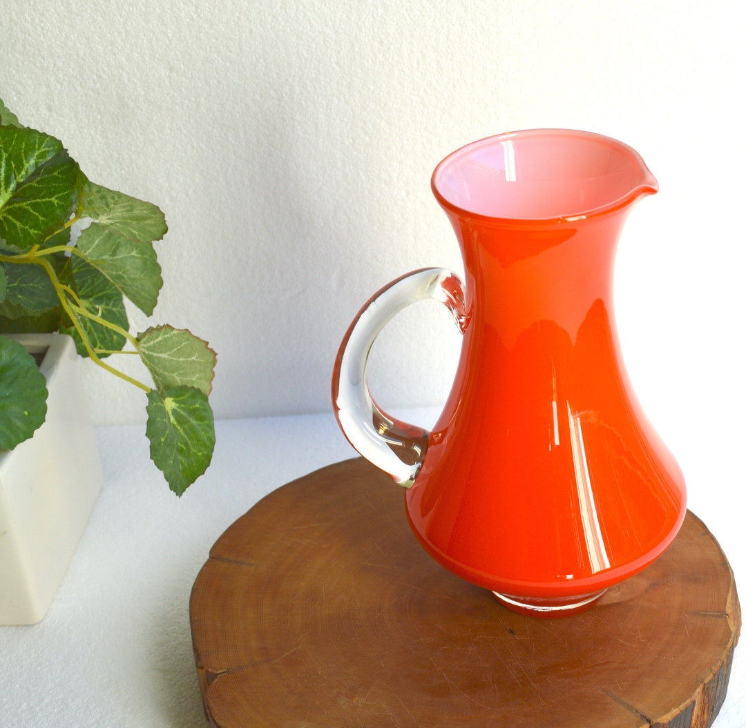 Buy Vintage, Cased Red / Orange Glass Jug With Clear Handle, Japan ...