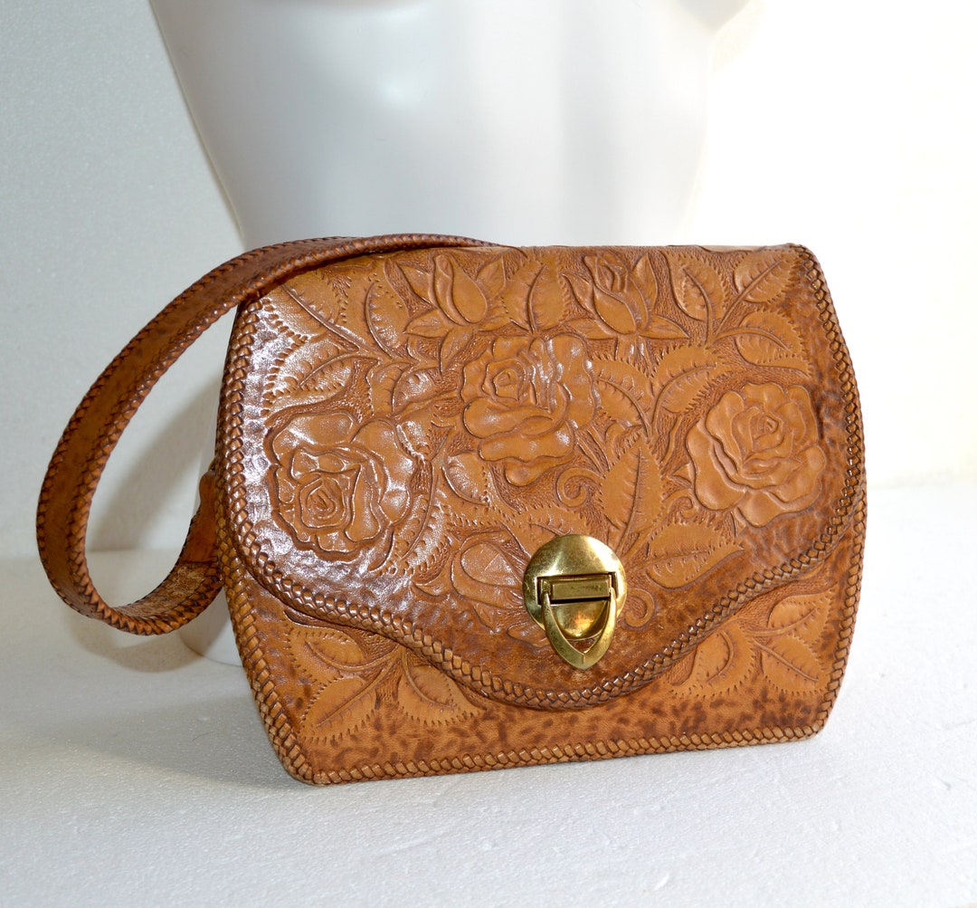 Vintage Tooled Leather Shoulder Bag. Embossed Floral and Laced Leather ...