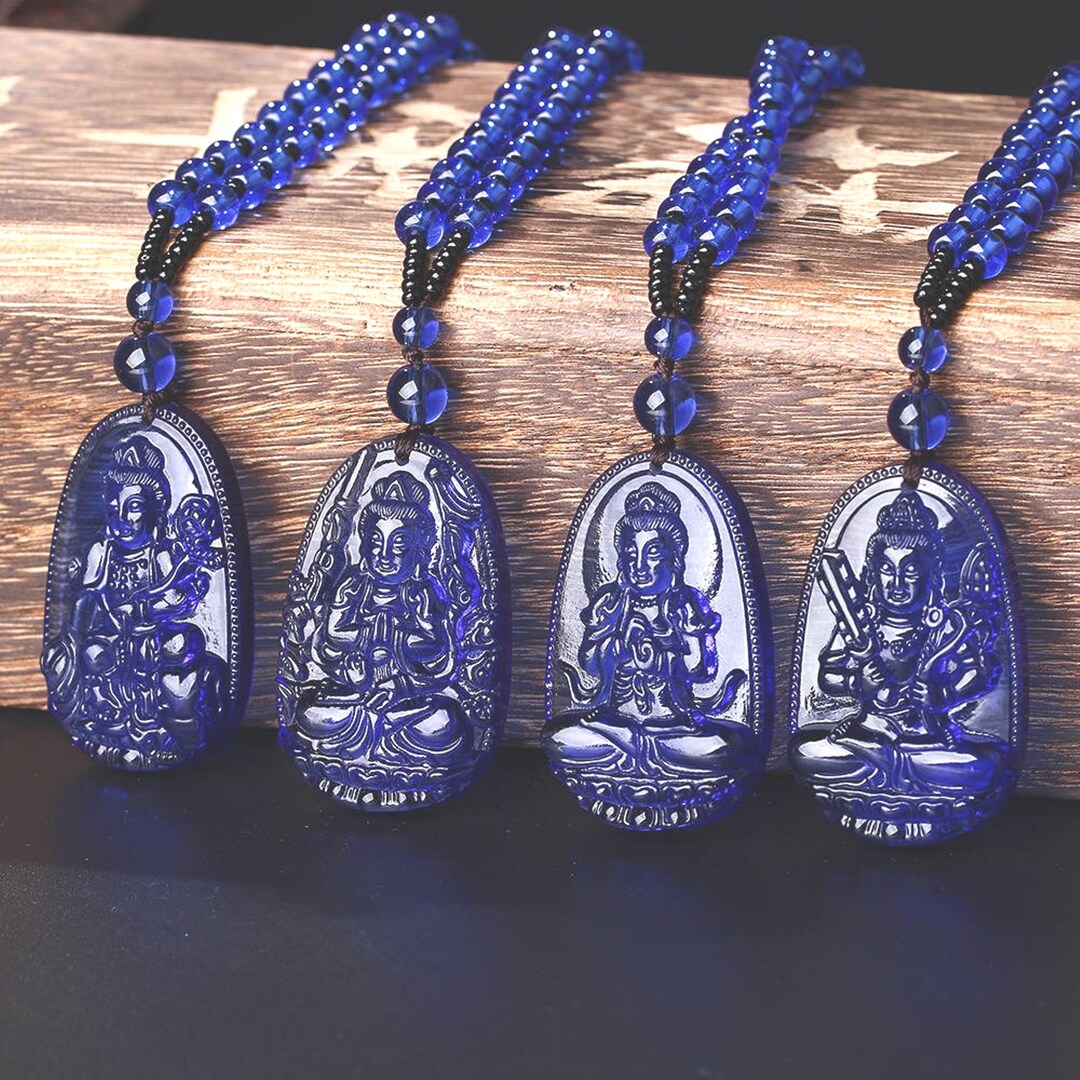 Blue Crystal Buddha Protector Amulet Necklace, Beaded Chain. Check ...