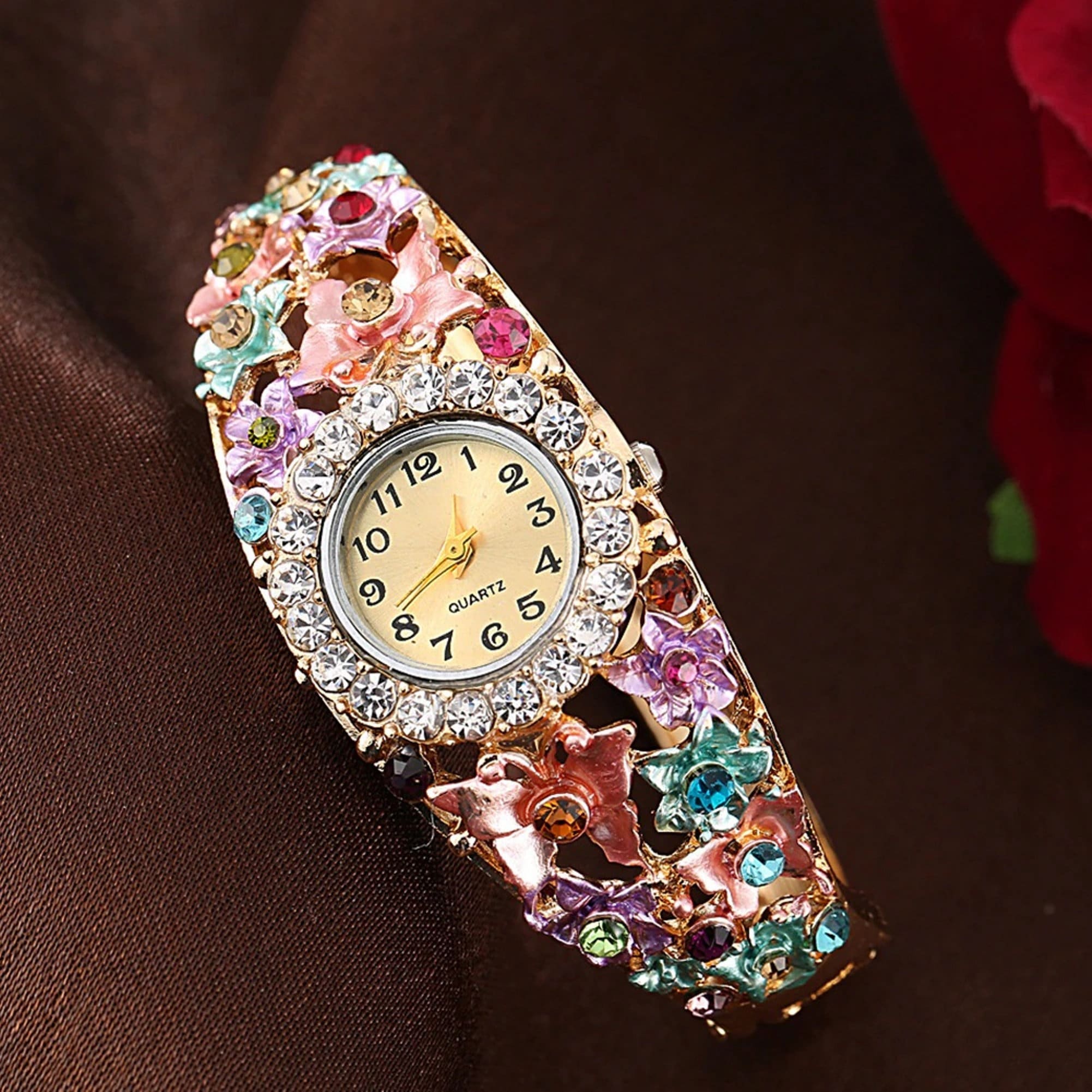 Enamel Flower Cuff Watch, Rhinestone Gold Tone Bracelet. Chick Listing ...