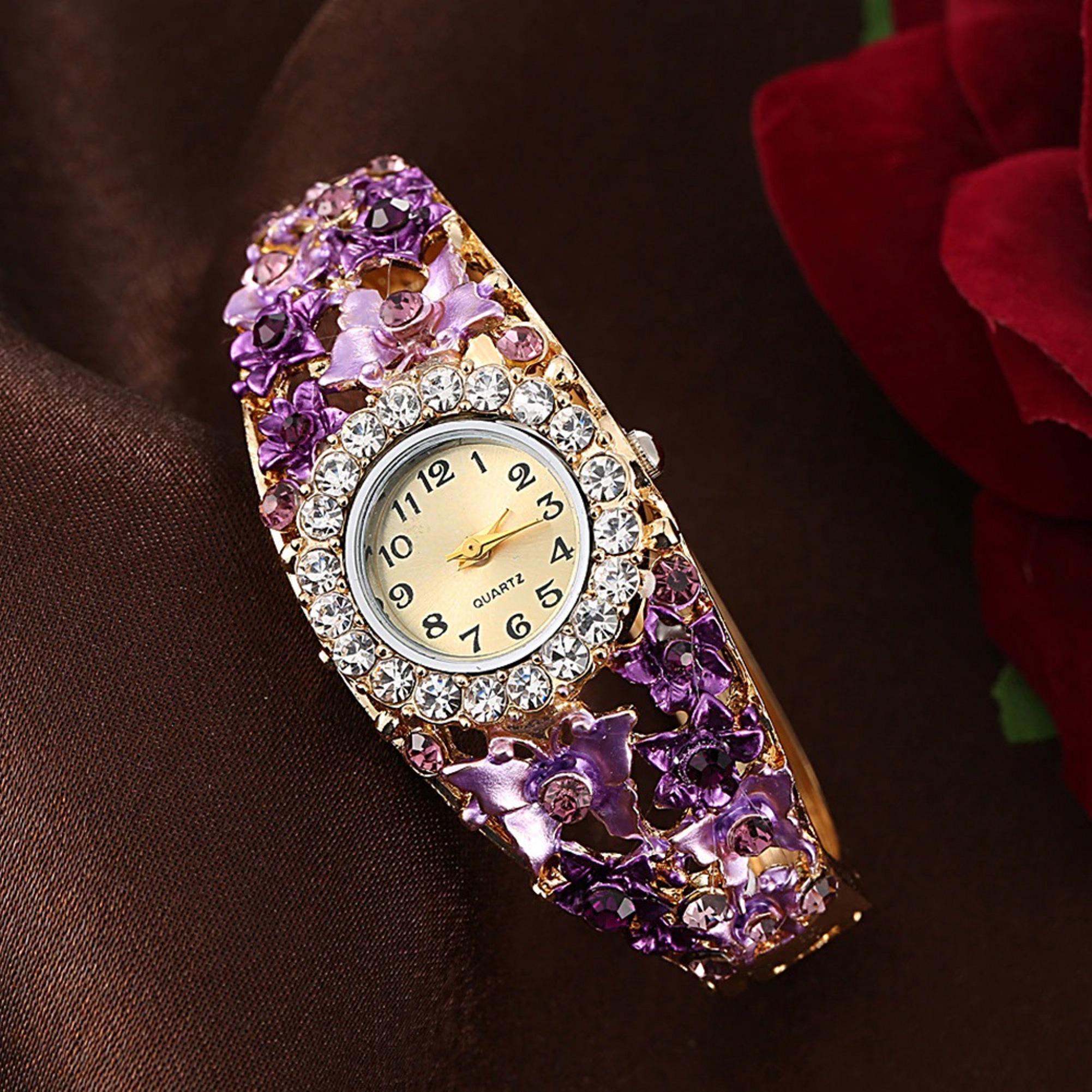 Enamel Flower Cuff Watch, Rhinestone Gold Tone Bracelet. Chick Listing ...