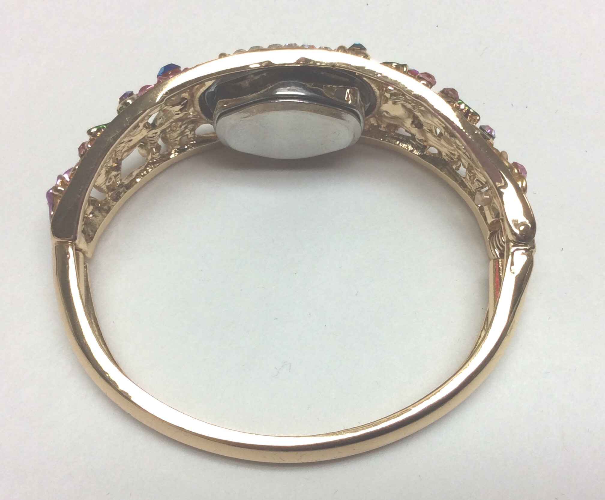 Enamel Flower Cuff Watch, Rhinestone Gold Tone Bracelet. Chick Listing ...