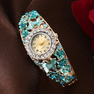 Enamel Flower Cuff Watch, Rhinestone Gold Tone Bracelet. Chick Listing ...