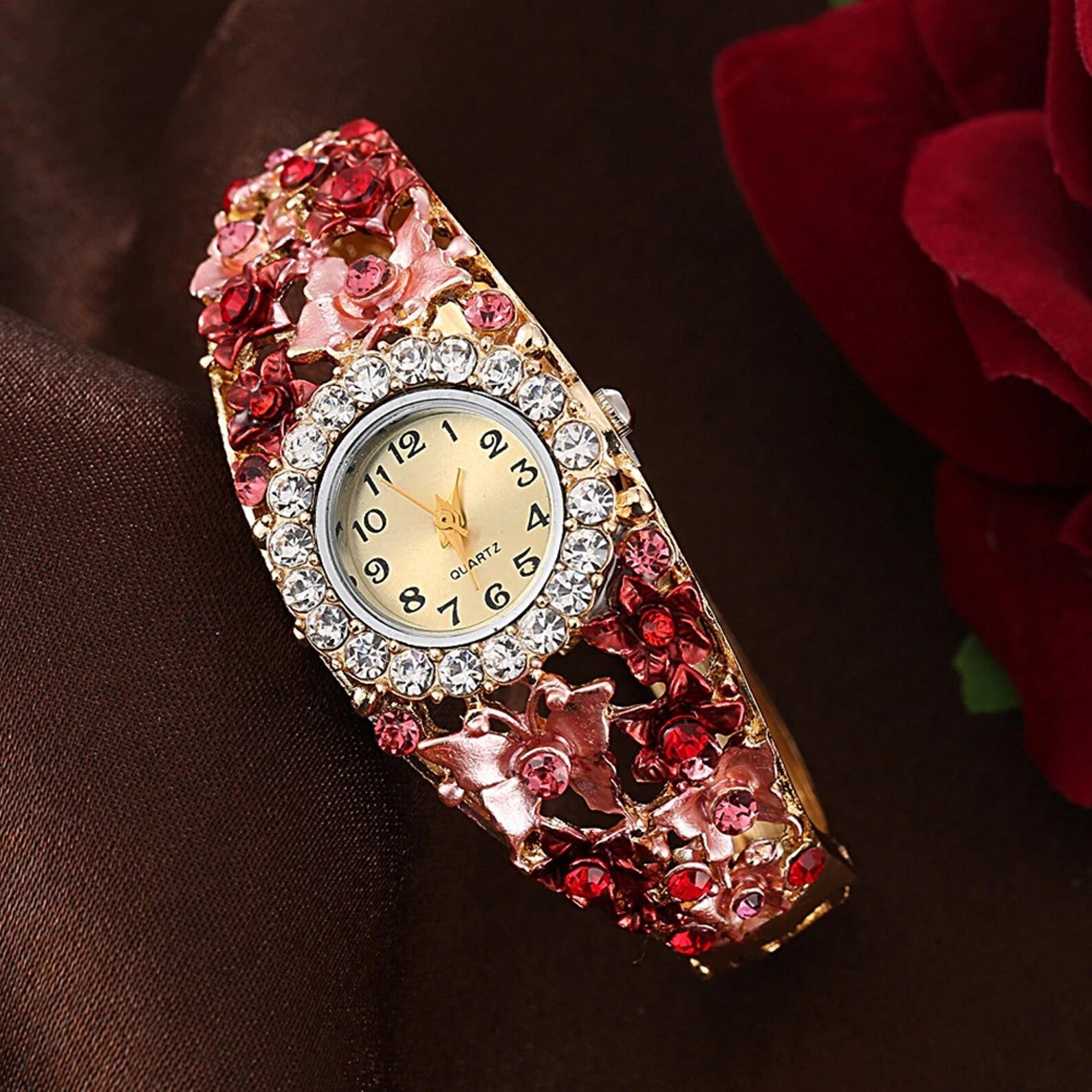 Enamel Flower Cuff Watch, Rhinestone Gold Tone Bracelet. Chick Listing ...