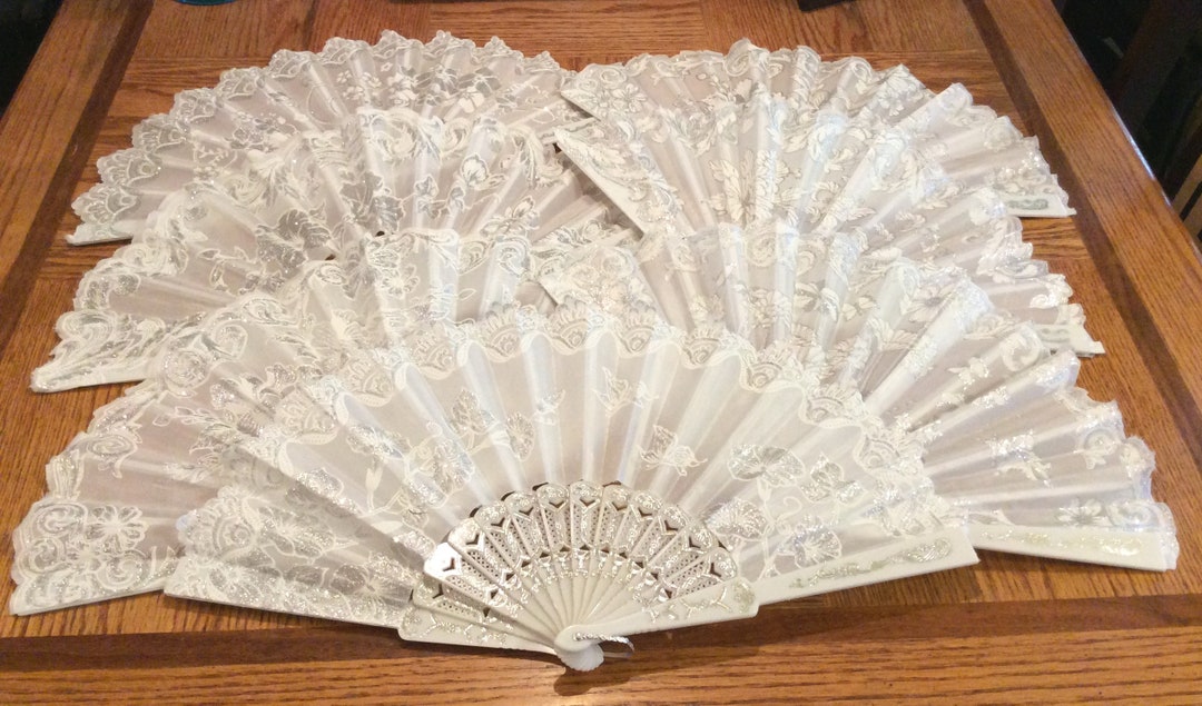 White Embossed Hand Fan, Gold Design, Wedding Bridal Fan. Check Listing ...