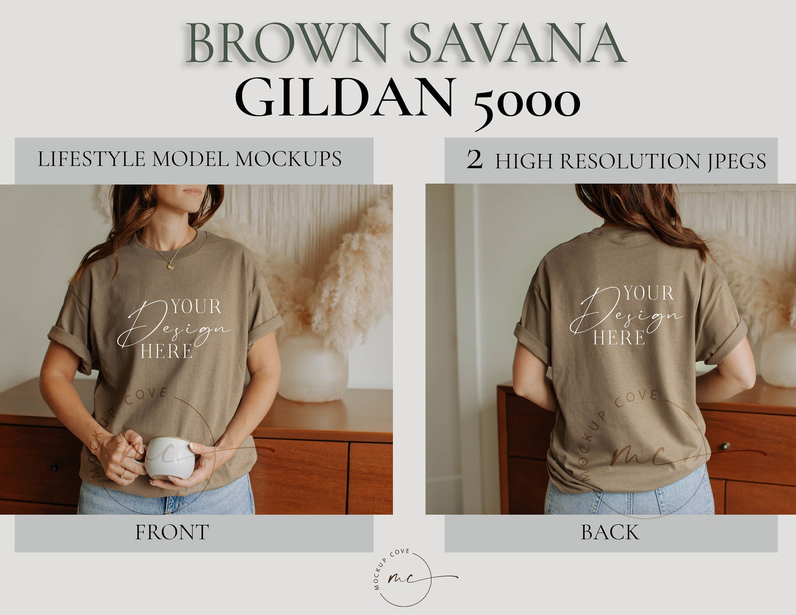 Brown Savana Gildan 5000 Mockup Front and Back, Gildan Tshirt Mockup ...