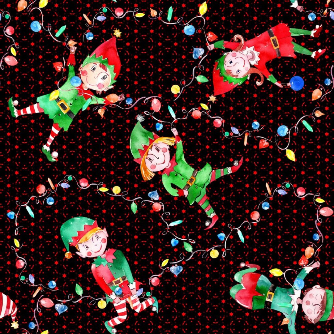 Christmas Fabric - Elf Dance on Black Fabric, Fabric by the Yard, 100% ...