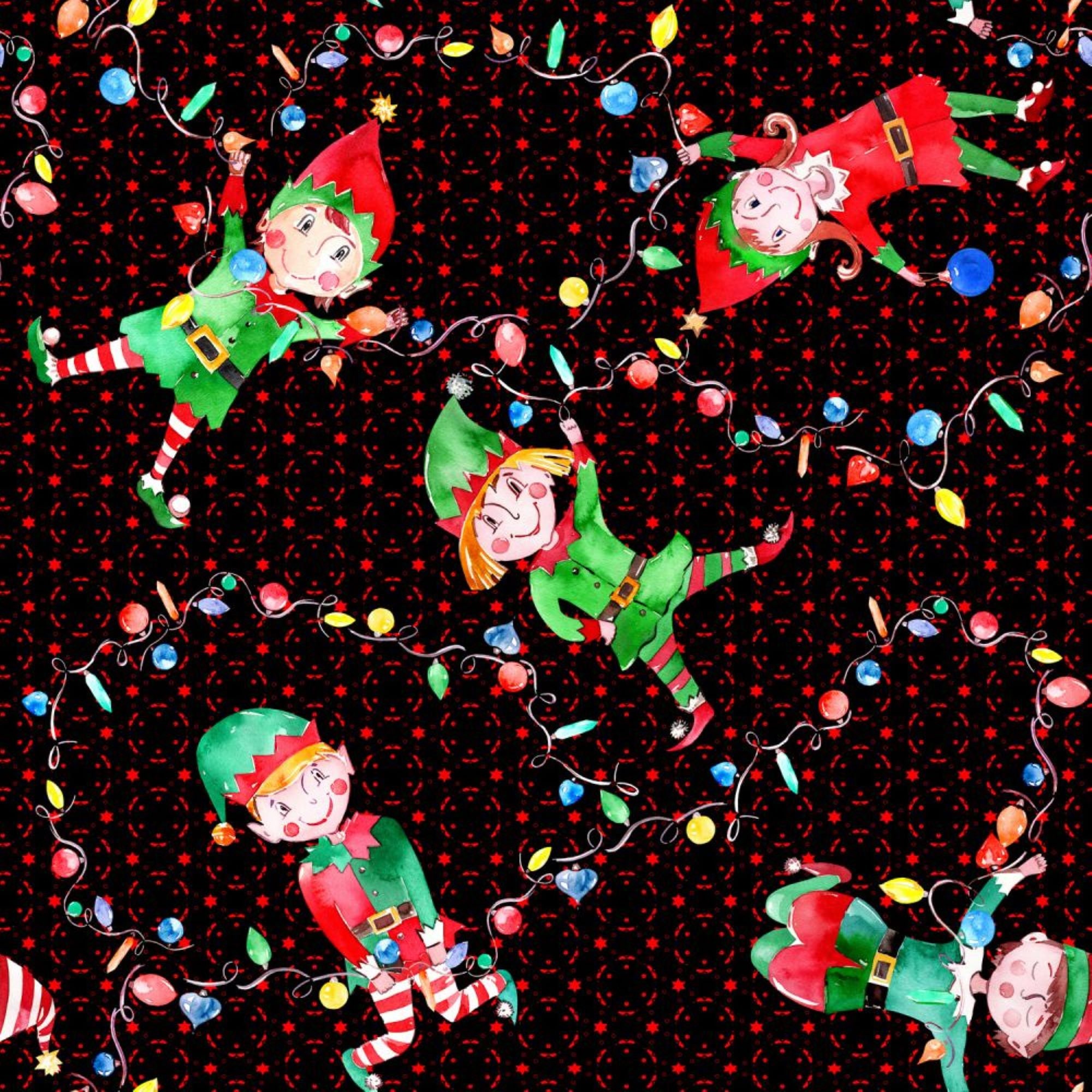 Christmas Fabric - Elf Dance on Black Fabric, Fabric by the Yard, 100% ...