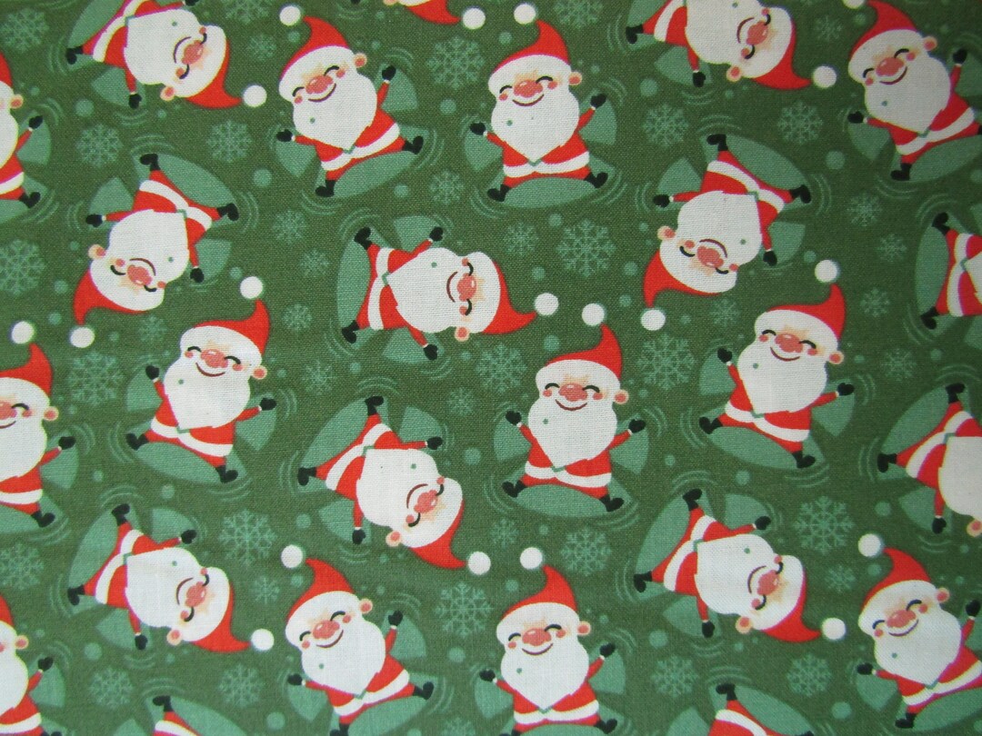 Christmas Fabric - Snow Angel Santa on Green Fabric, Fabric by the Yard ...