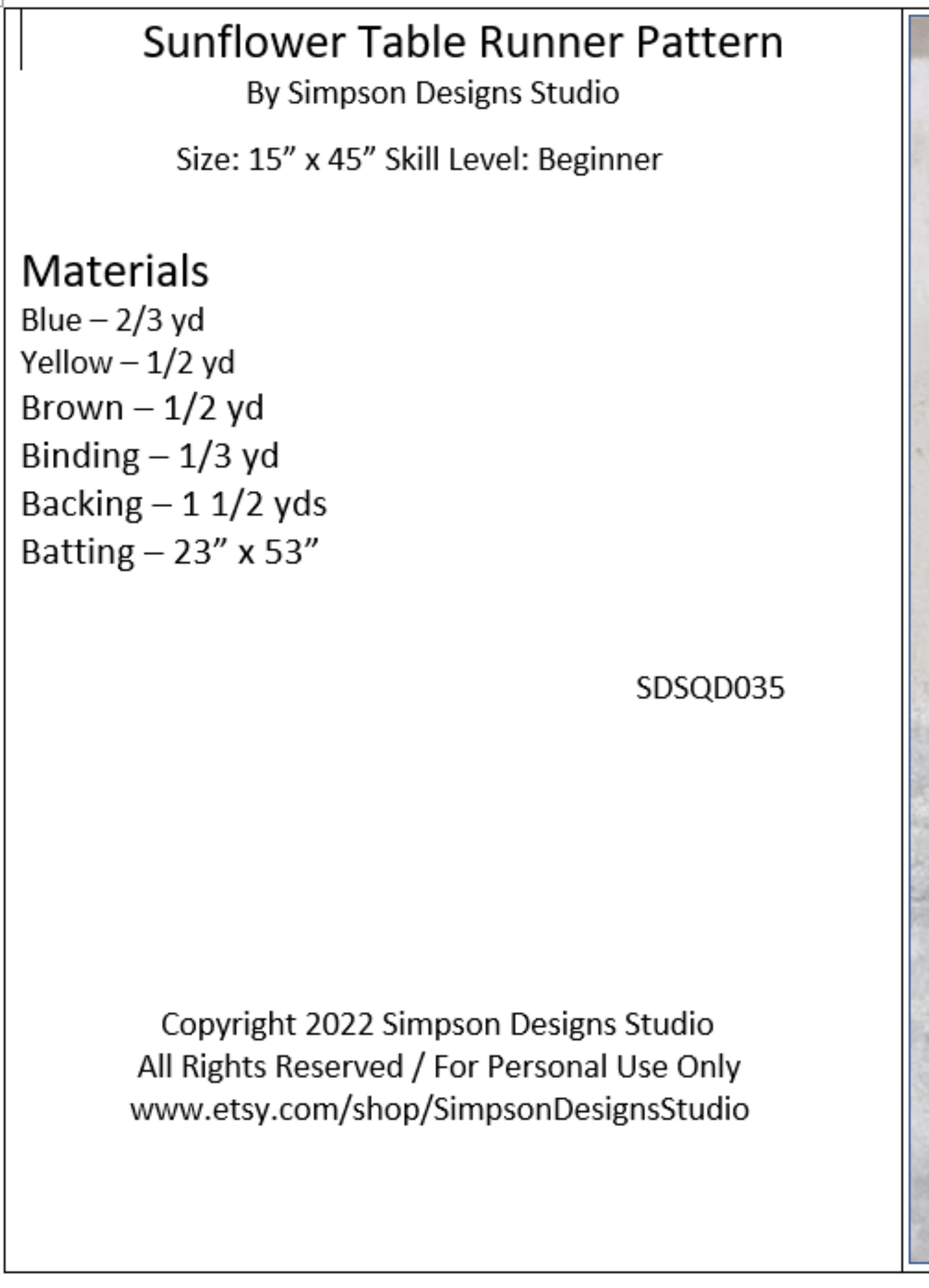 Sunflower Table Runner Pattern by Simpson Designs Studio - Etsy