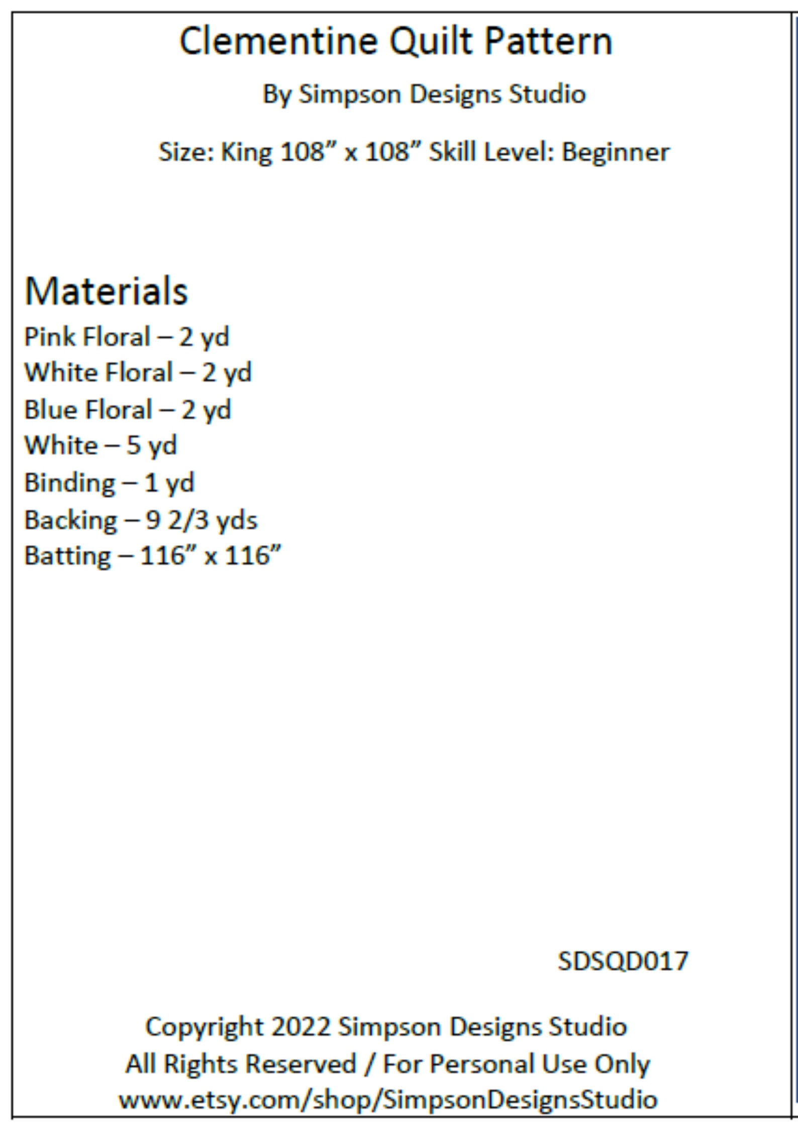 Clementine Quilt Pattern PDF by Simpson Designs Studio, Digital Pattern ...