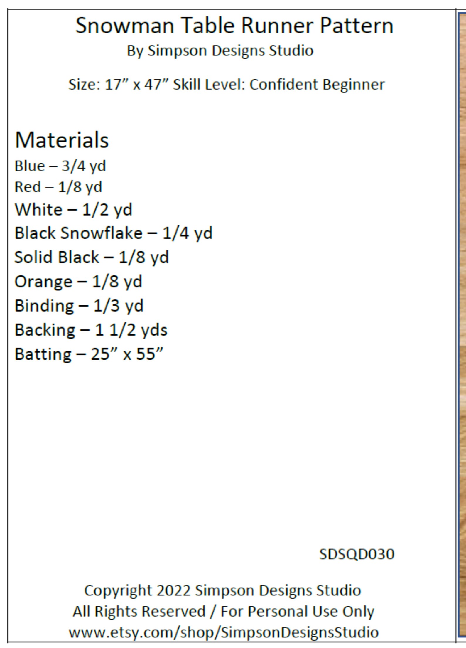 Snowman Table Runner Pattern PDF by Simpson Designs Studio - Etsy