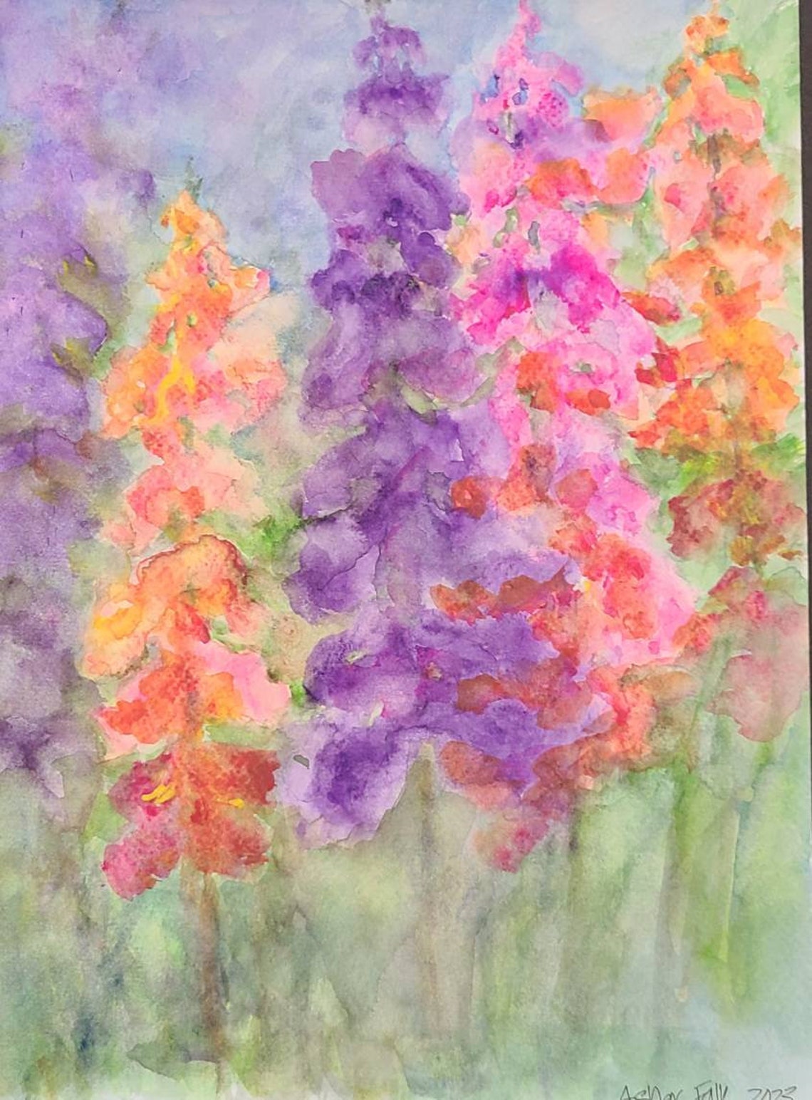 Purple Pink Orange Floral Snapdragons Watercolor Painting 9x12 Inch ...