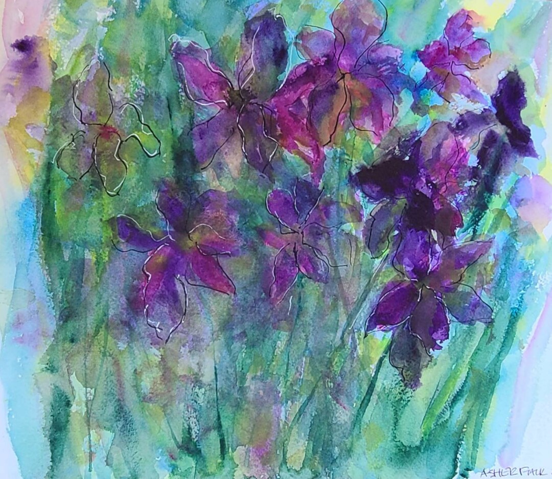 Deep Purple Irises Abstract Original Watercolor 12"x9" Floral Wall ...