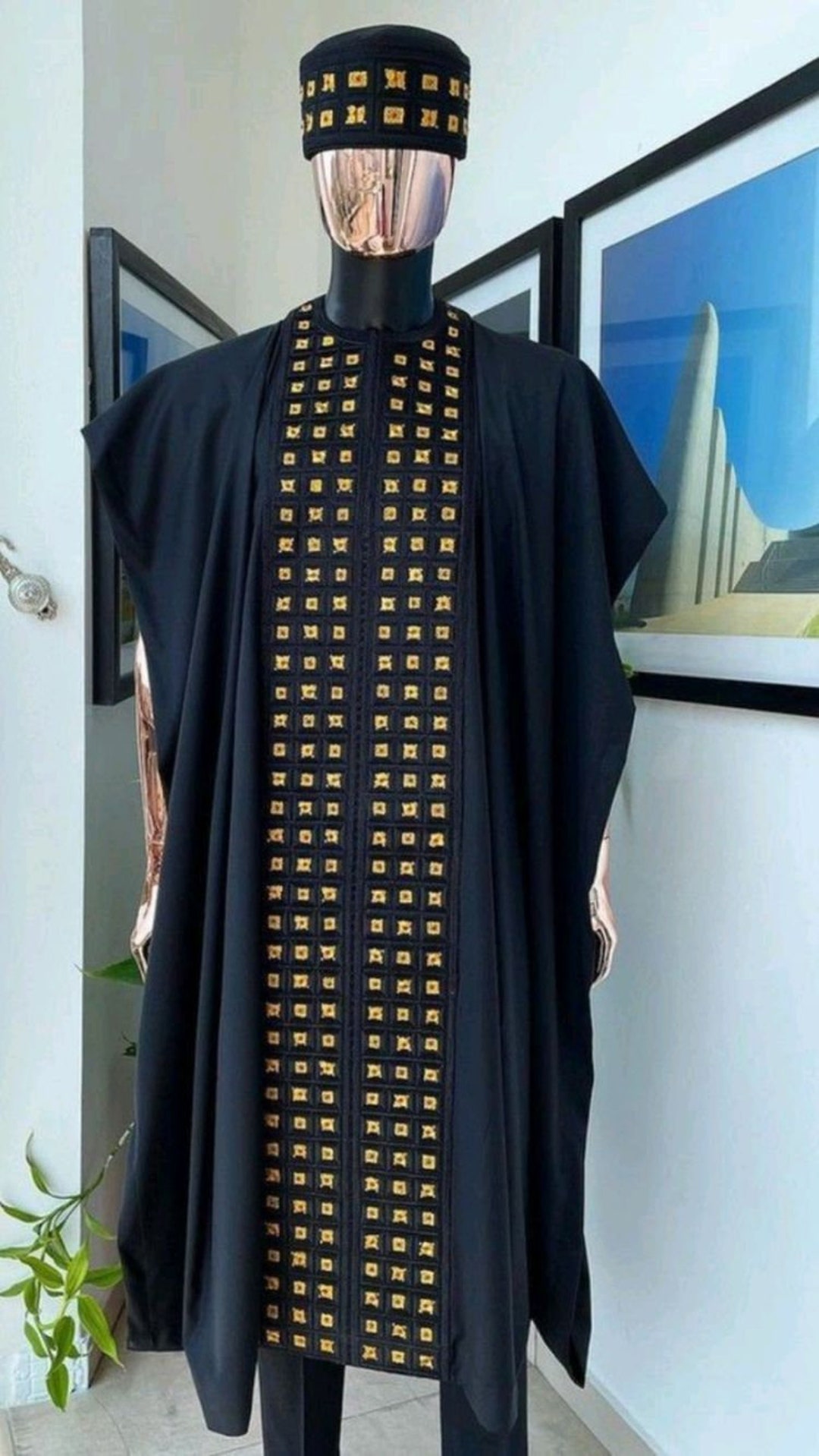 Blue-black and Gold Agbada Babariga 3 Pieces Groom Suit Men African ...