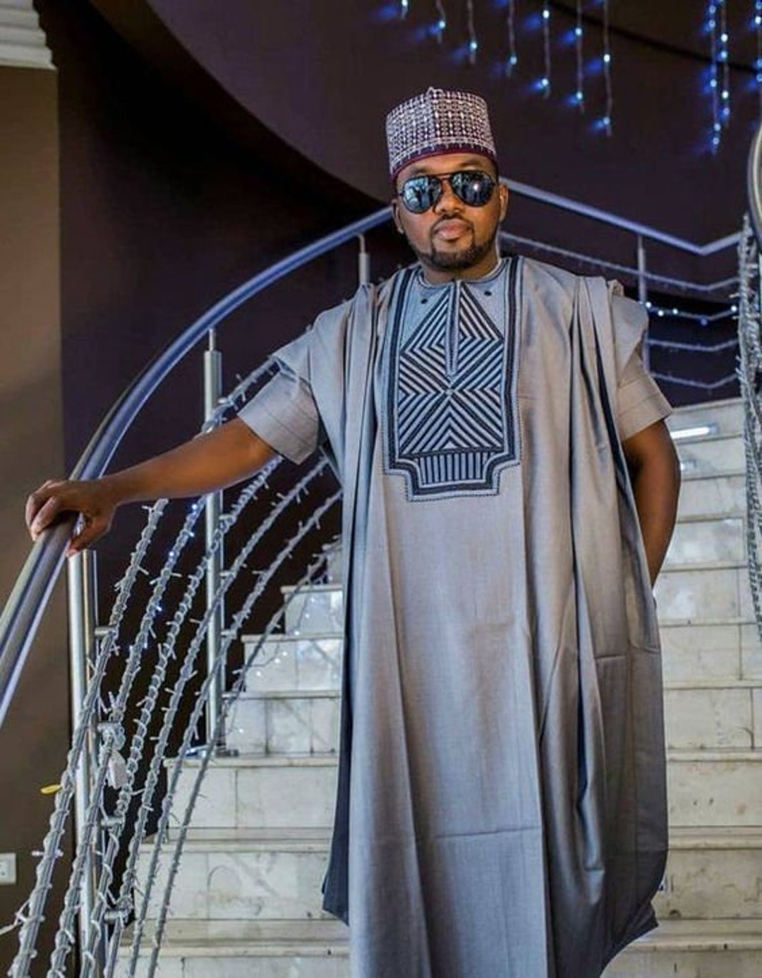 Grey and Blue Agbada Babariga 3 Pieces Men Groom Suit African Clothing ...