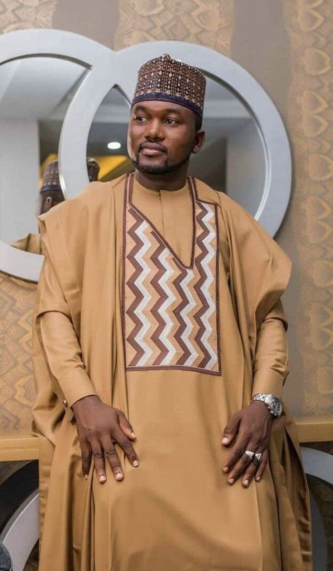 Matte Ivory & Brown Agbada Babariga 3 Pieces Groom Suit Men African ...