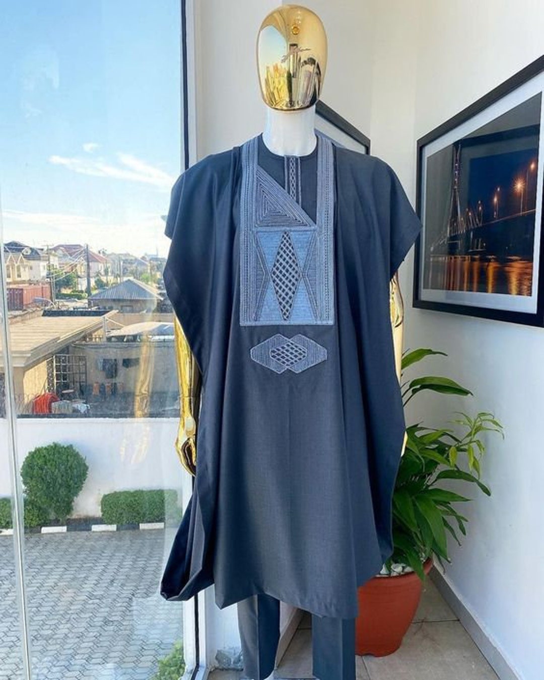 Navy Blue Agbada Babariga 3 Pieces Men Groom Suit African Clothing for ...