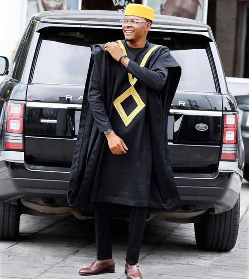 Black and Gold Agbada Babariga 3 Pieces Men Groom Suit African Clothing ...