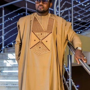 Gold and Brown Agbada Babariga 3 Pieces Men Groom Suit African Clothing ...