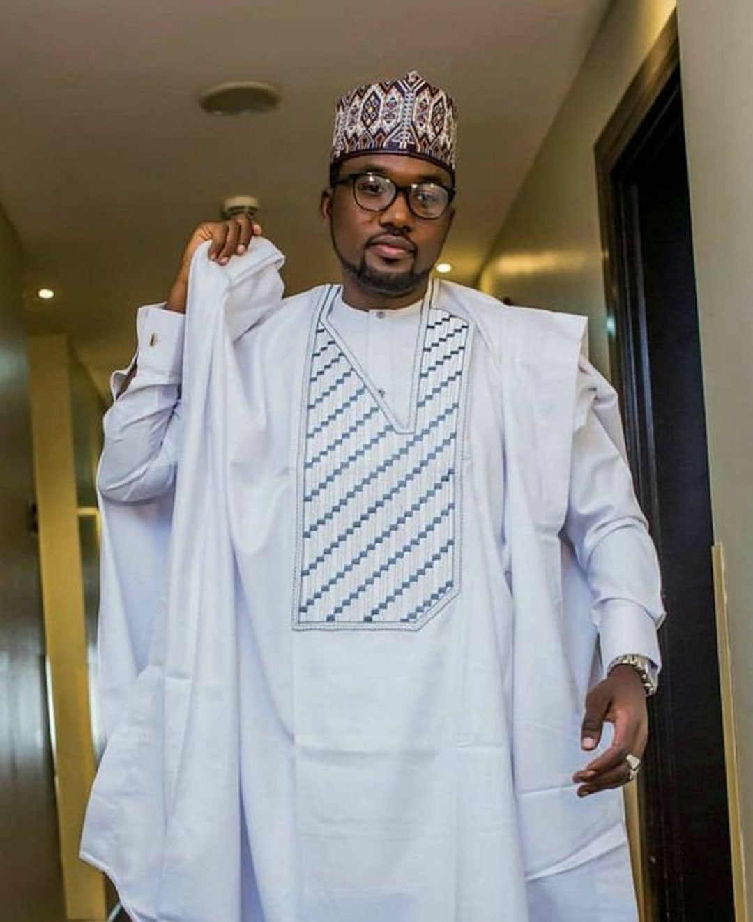 White and Blue Agbada Babariga 3 Pieces Men Groom Suit African Clothing ...