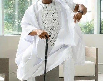 White and Ivory Agbada Babariga 3 Pieces Men Groom Suit African ...