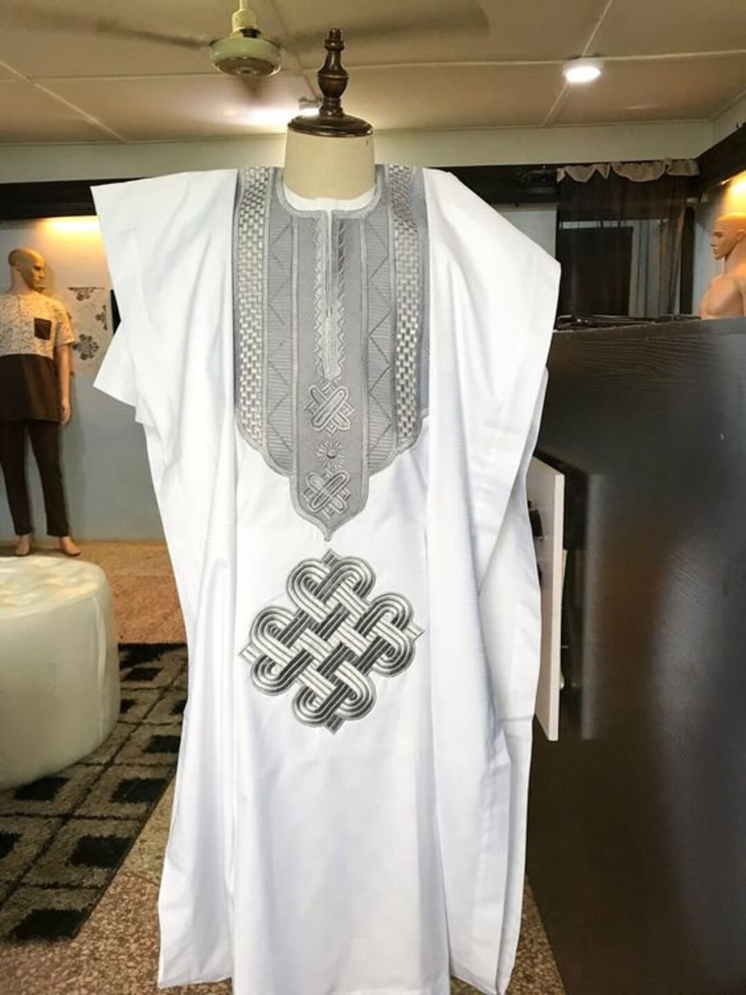 White and Grey Agbada Babariga 3 Pieces Men Groom Suit African Clothing ...