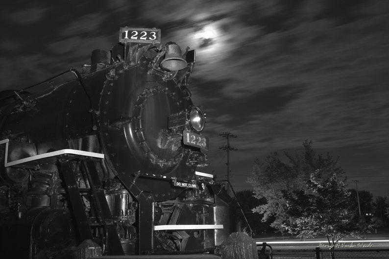 1223 Night Train Black and White Steam Locomotive, Pere Marquette RR ...