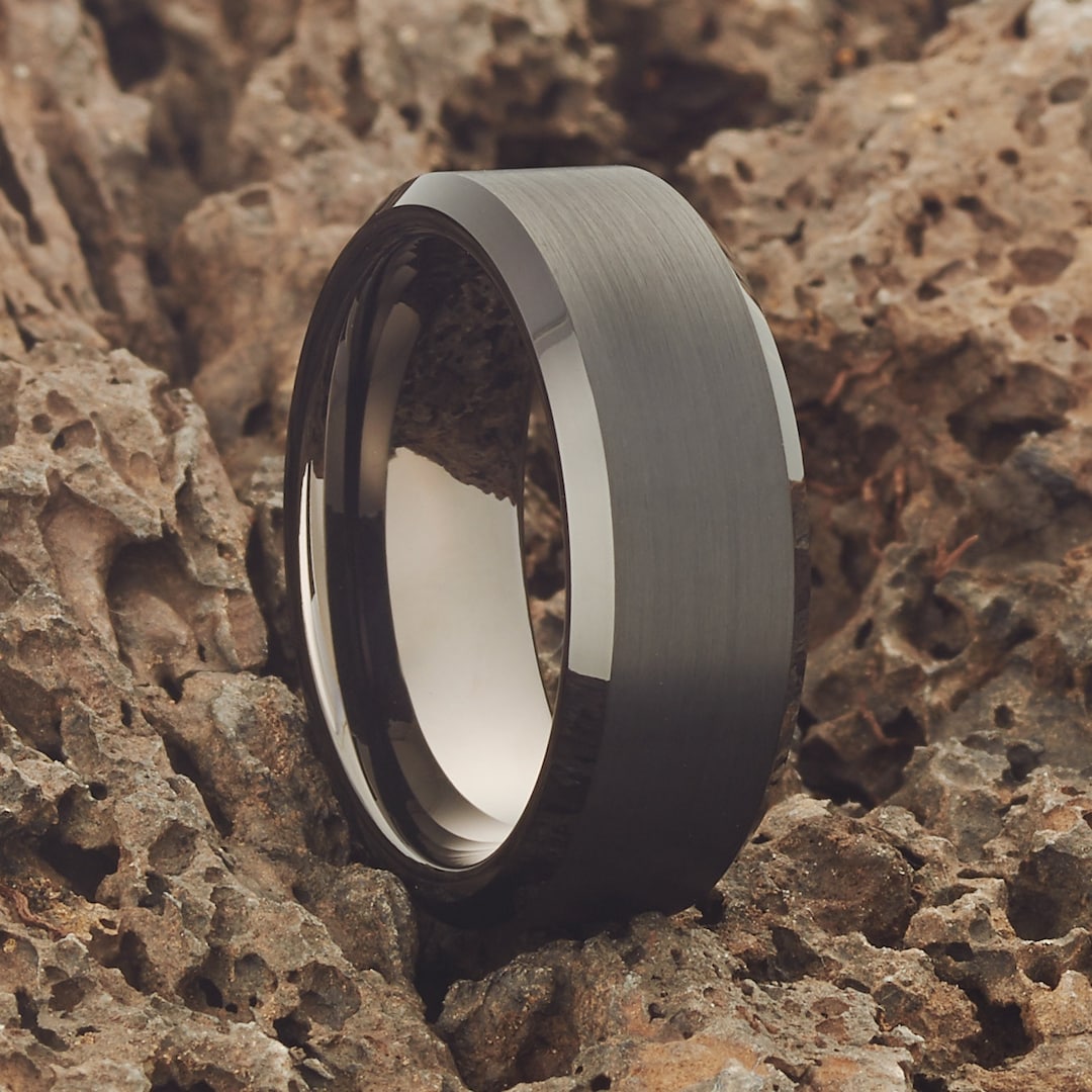 Black Tungsten Wedding Ring: Gunmetal Brushed Ring, Beveled Edge - Etsy