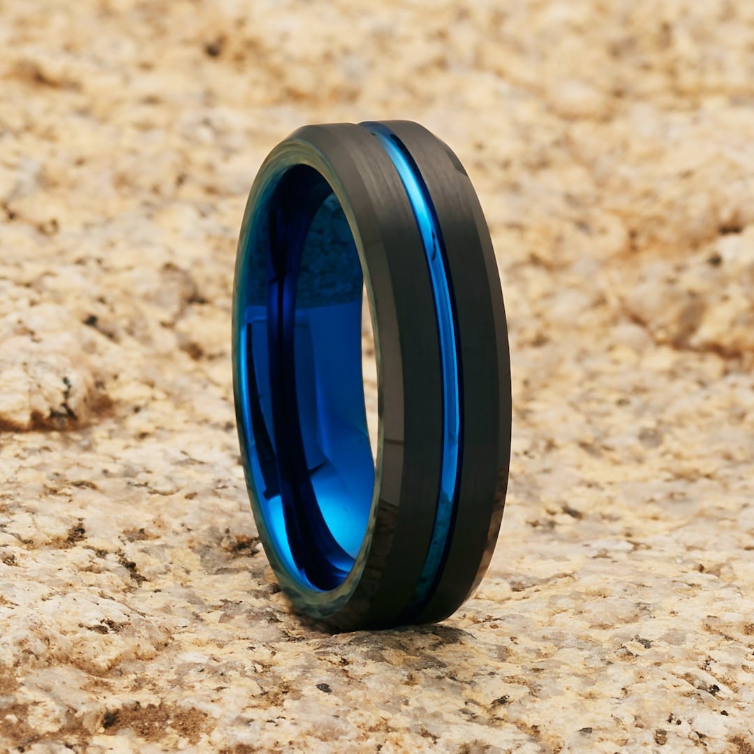 Blue Tungsten Wedding Ring, Blue Tungsten Ring, Black Tungsten Ring ...