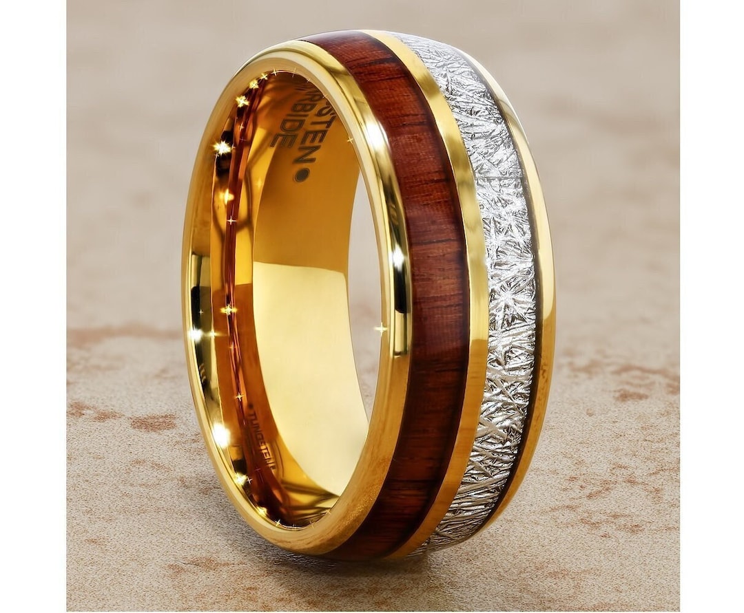 Koa Wood Tungsten Wedding Ring,meteorite,yellow Gold Tungsten Ring ...