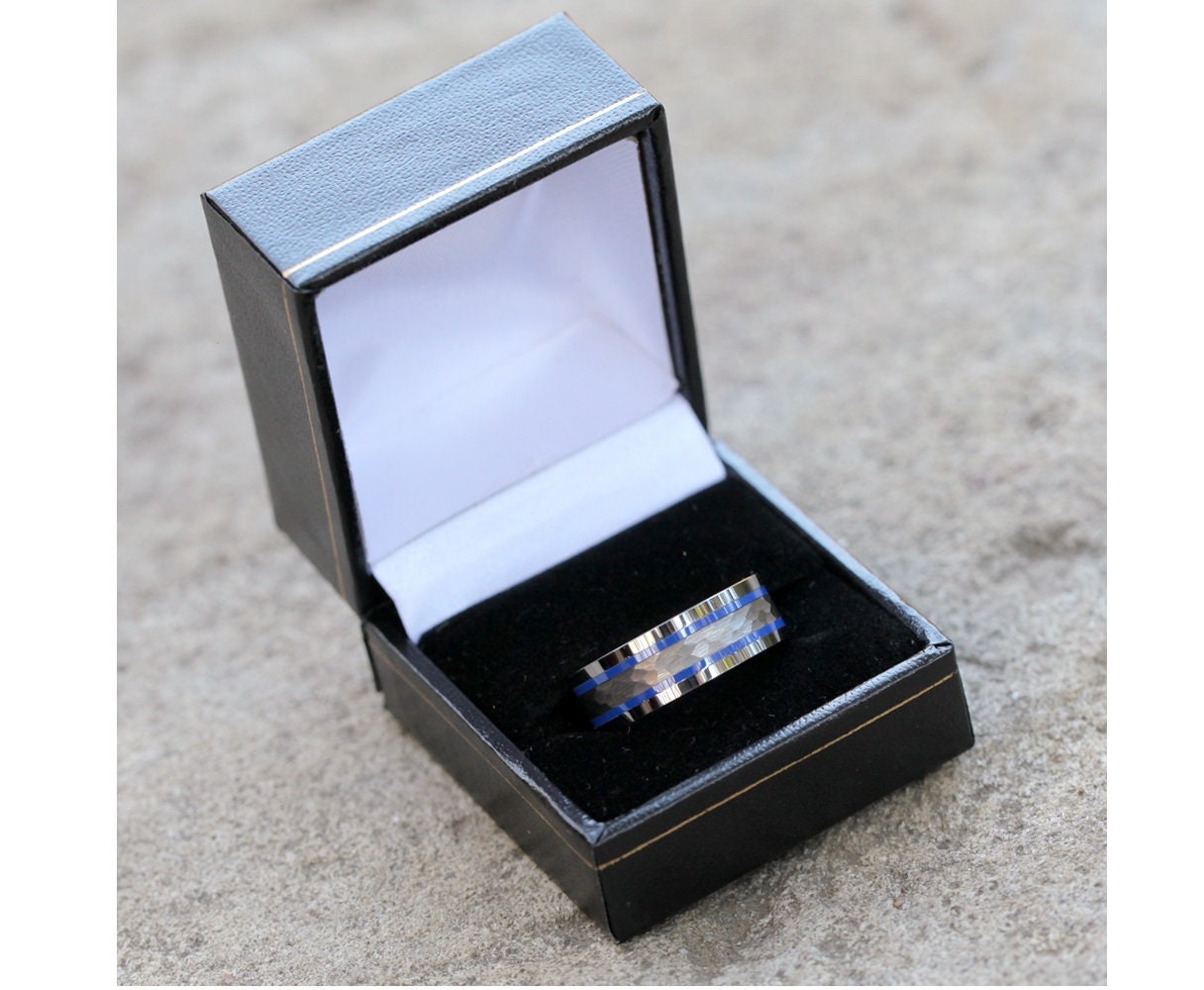 Gray Tungsten Wedding Band Hammered Tungsten Ring Blue | Etsy
