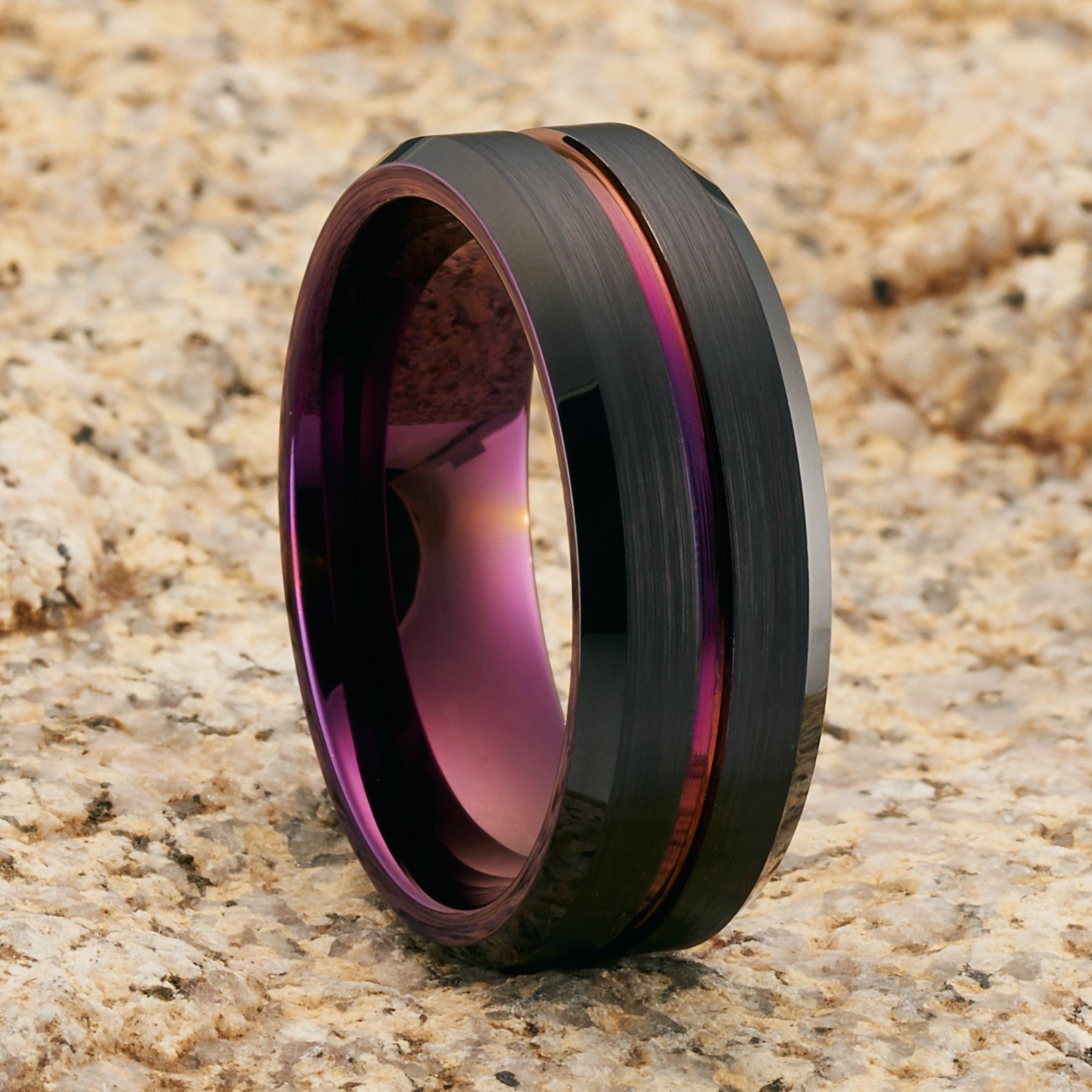 Purple Tungsten Ring Black Tungsten Ring Purple Wedding - Etsy