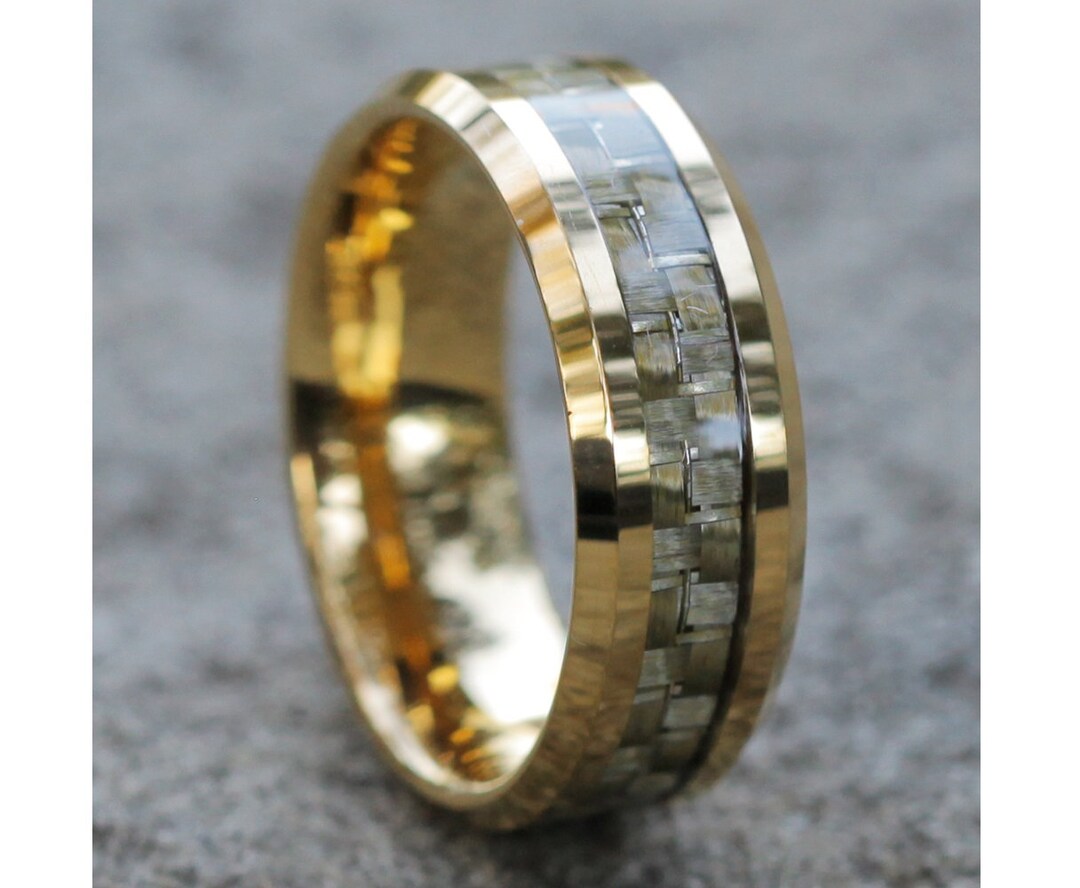 Yellow Gold Tungsten Wedding Band | Carbon Fiber Tungsten Ring ...