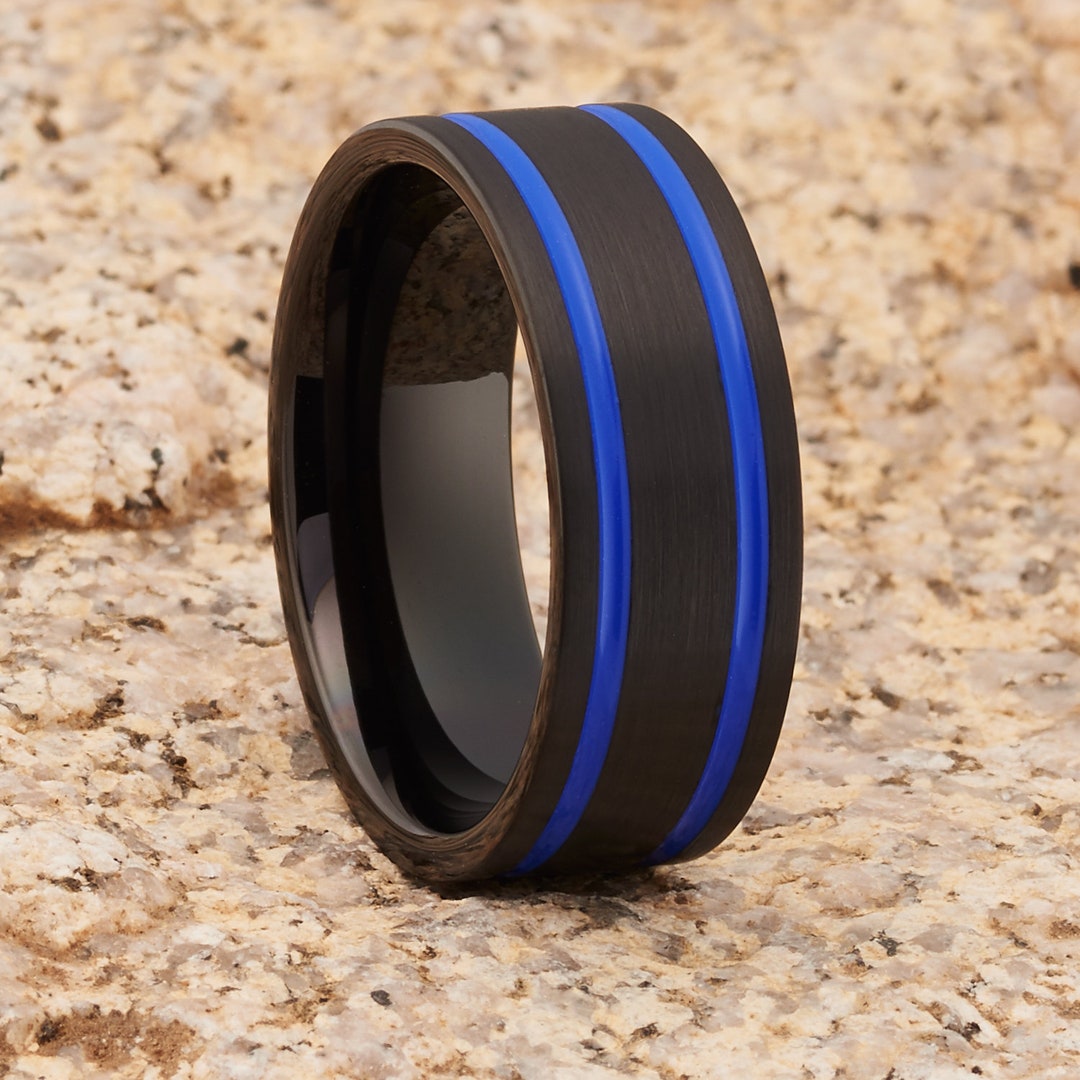 Black Tungsten Wedding Band Blue Tungsten Ring Tungsten Carbide Ring ...