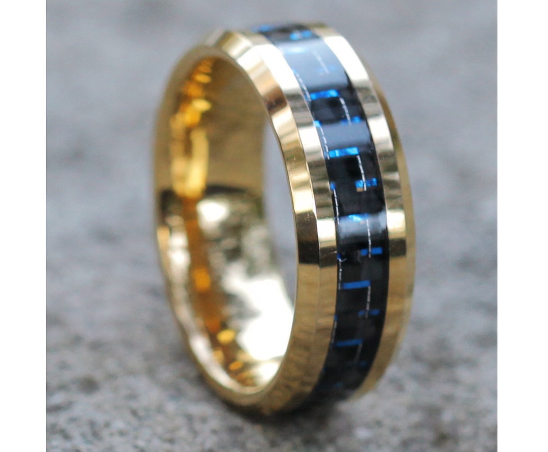 Yellow Gold Tungsten Wedding Band,blue Carbon Fiber,tungsten Wedding ...