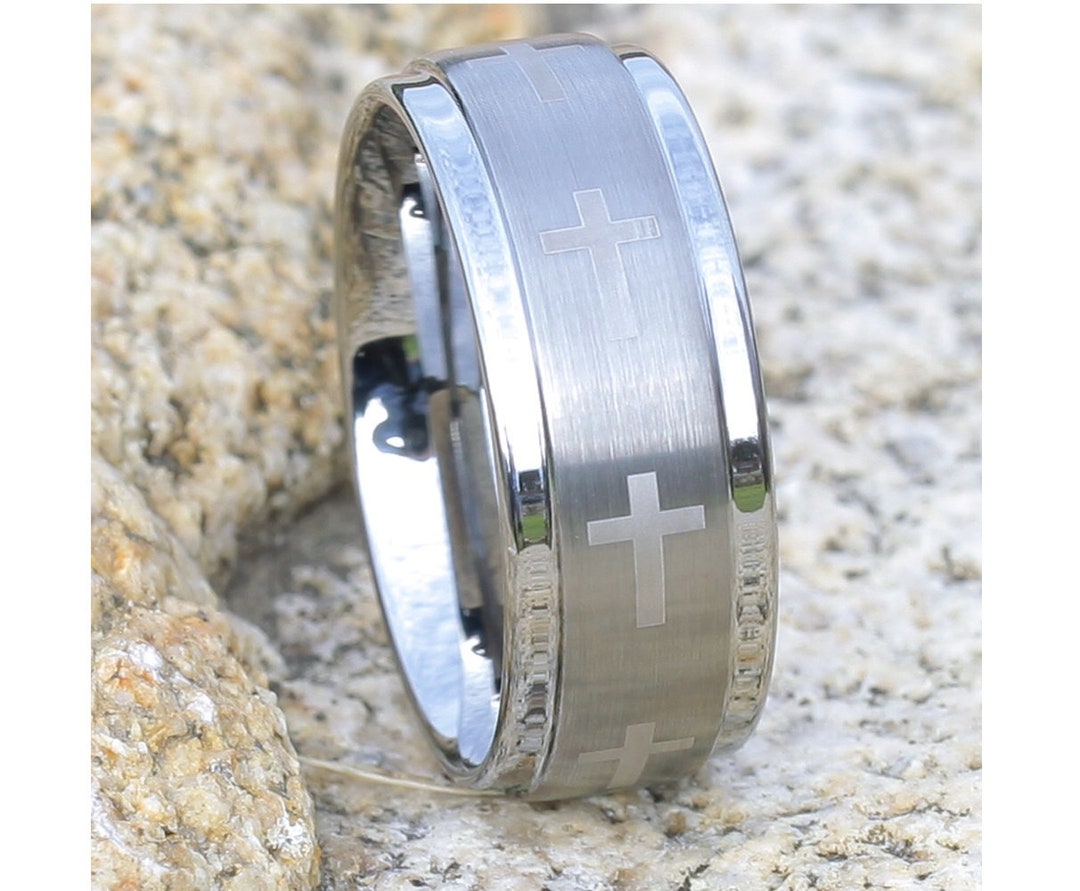 Cross Tungsten Wedding Band | Silver Tungsten Ring | Anniversary Ring ...