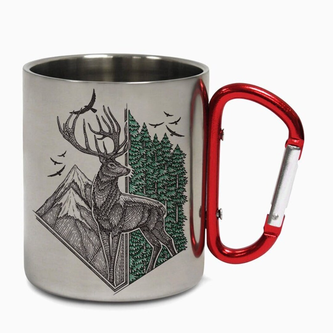 Forest Stag Deer Elk Camping Mug Steel Cup Hiking Carabiner Travel ...