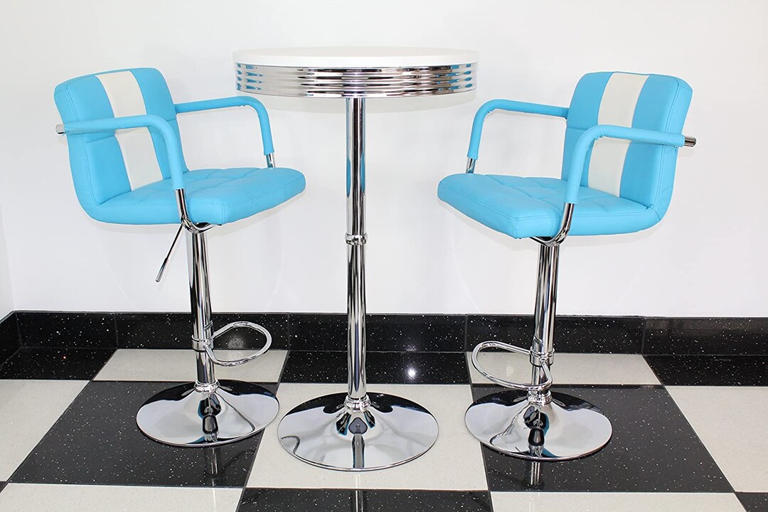 American 50s Diner Furniture Retro Style Bistro Table and 2 Blue Stools ...