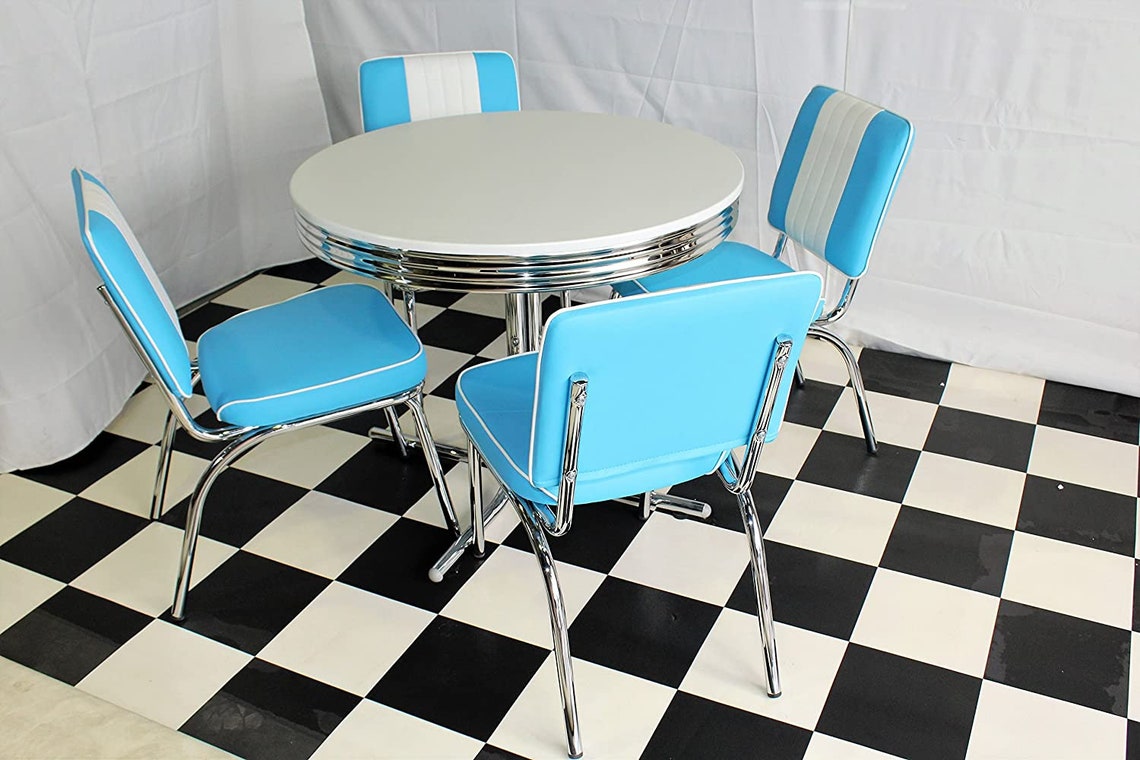 American 50s Diner Furniture Budget Retro Style Table and 4 Blue Chairs ...