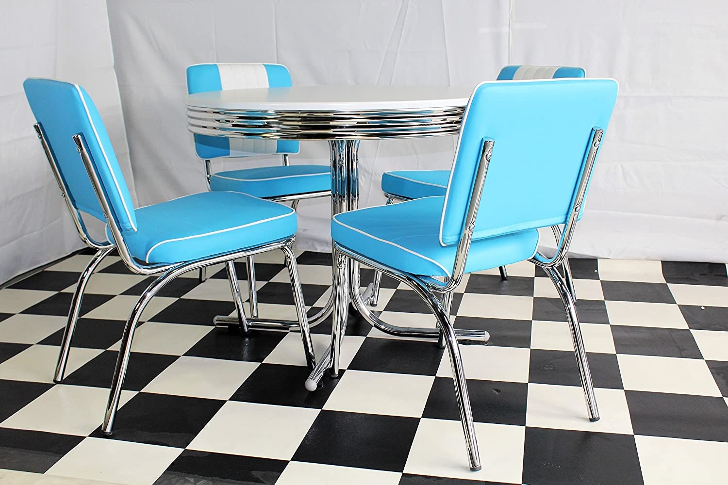 American 50s Diner Furniture Budget Retro Style Table and 4 Blue Chairs ...