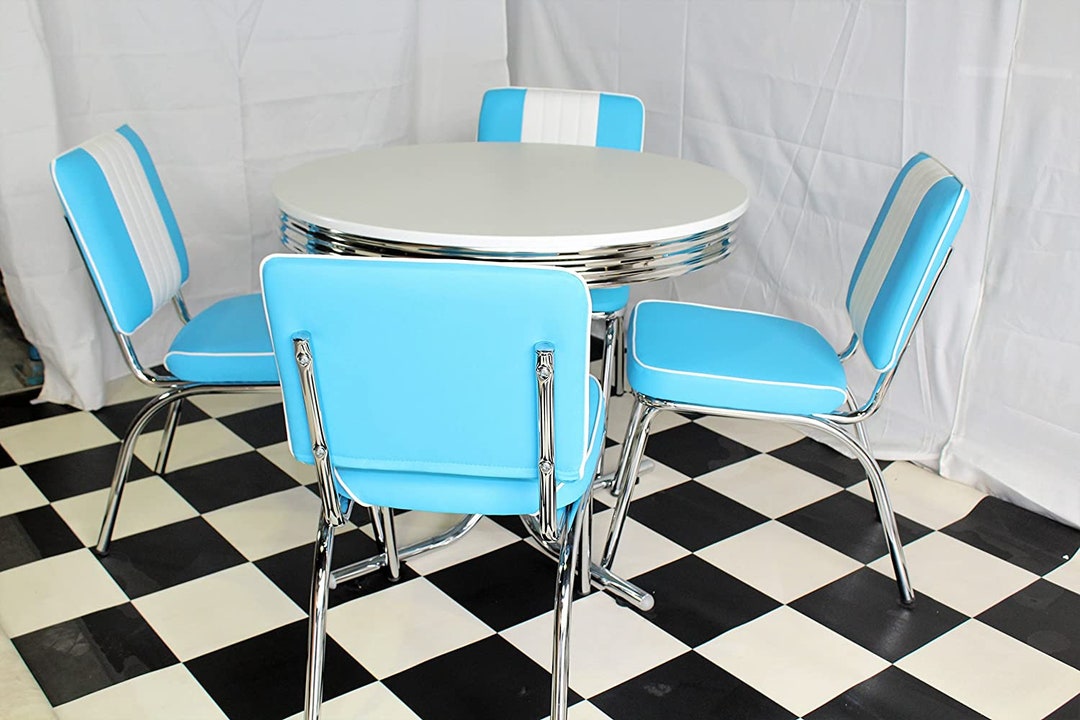 American 50s Diner Furniture Budget Retro Style Table and 4 Blue Chairs ...