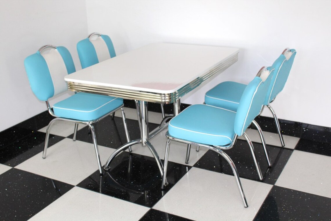 American Diner Furniture 50s Style Retro White Table and 4 Blue Chairs ...