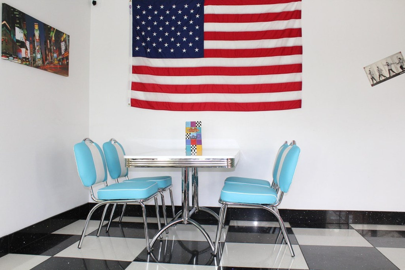 American Diner Furniture 50s Style Retro White Table and 4 Blue Chairs ...