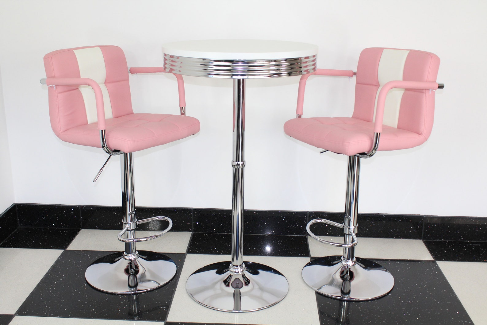 American 50s Diner Furniture Retro Style Bistro Table and 2 Pink Stools ...
