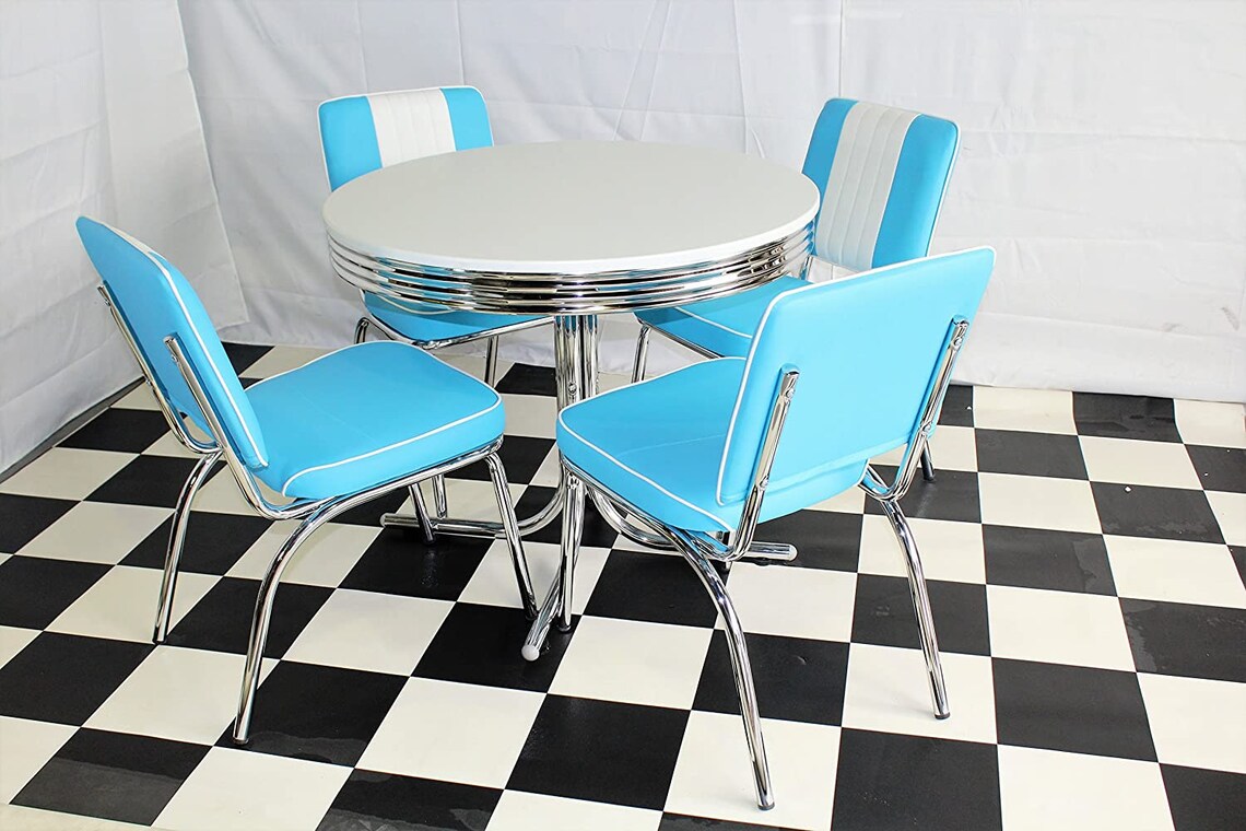 American 50s Diner Furniture Budget Retro Style Table and 4 Blue Chairs ...