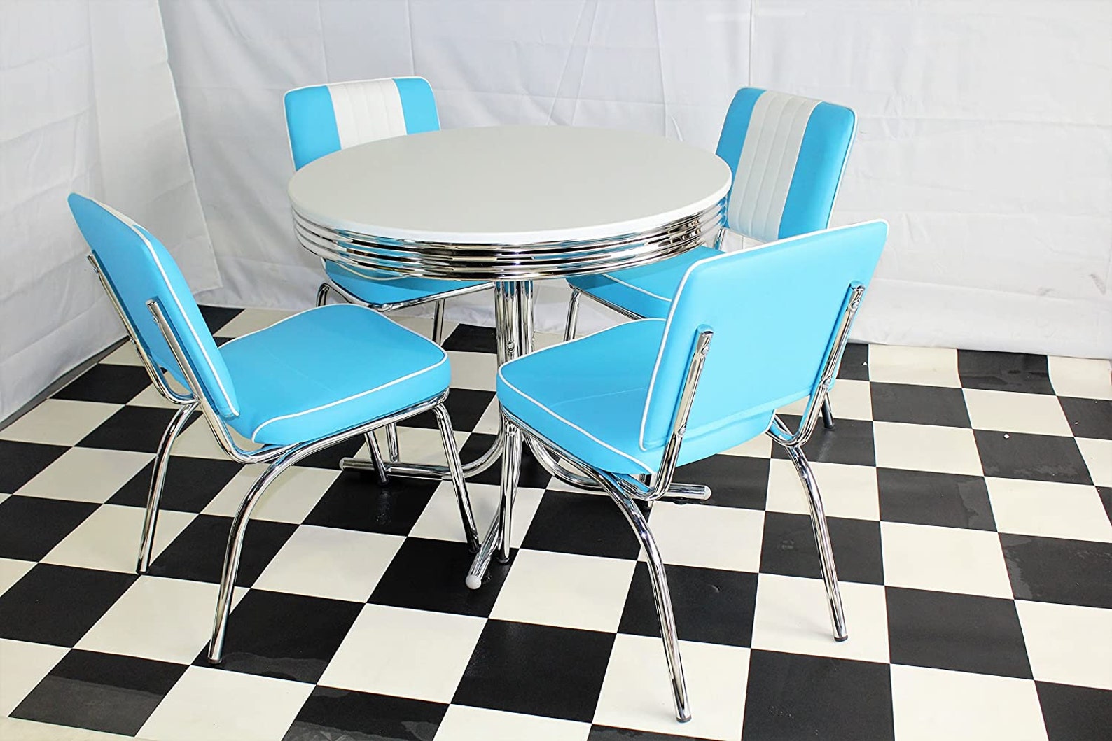 American 50s Diner Furniture Budget Retro Style Table and 4 Blue Chairs ...