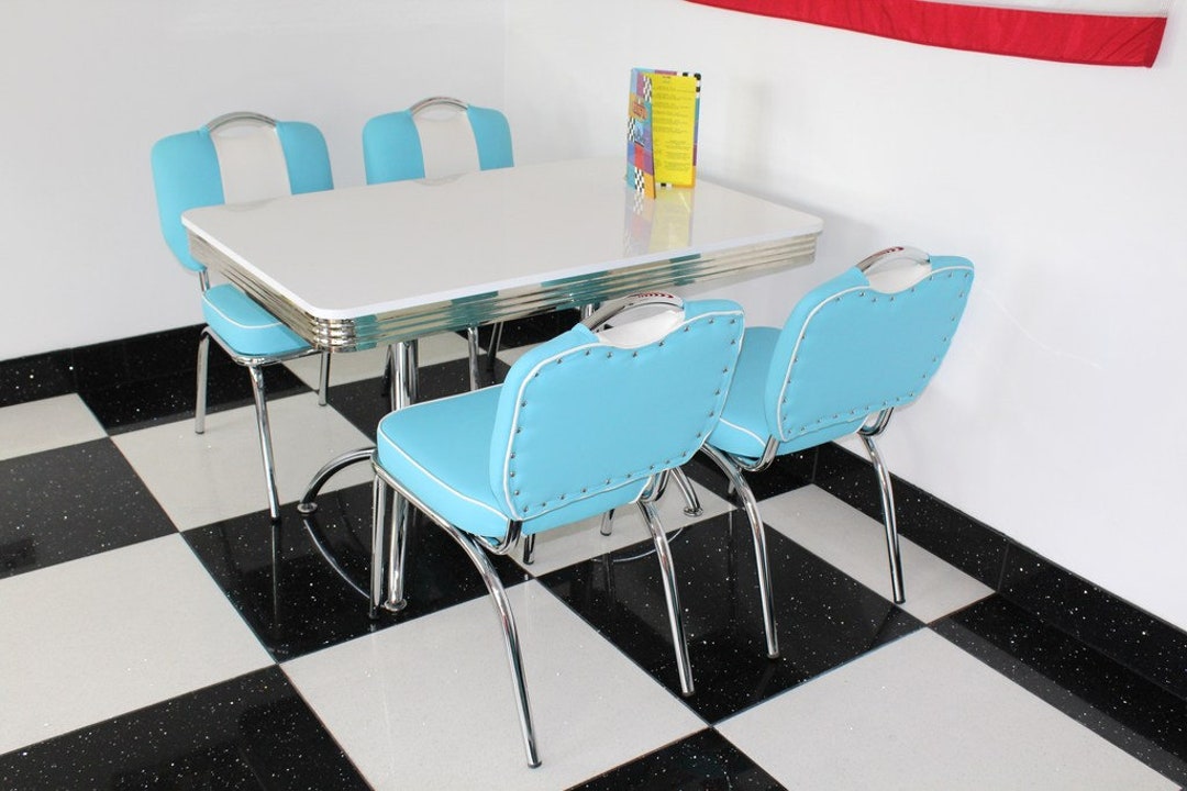American Diner Furniture 50s Style Retro White Table and 4 Blue Chairs ...